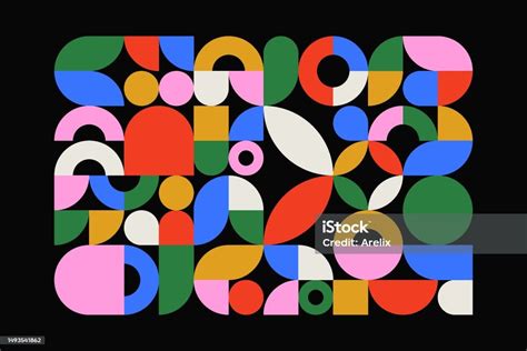 기하학적 최소 패턴 간단한 원 모양 현대 배경 바우하우스 스타일 추상적인 스위스 배너 디자인 벡터 아트 개념에 대한 스톡 벡터 아트 및 기타 이미지 Istock