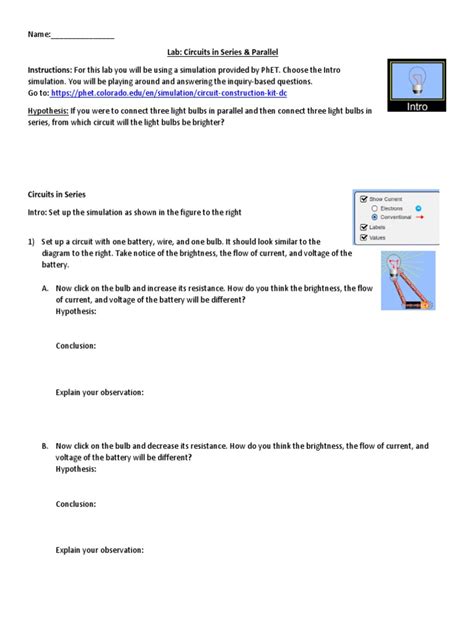 Phet Circuit Lab Parallel And Series Inquiry Activity Pdf Series