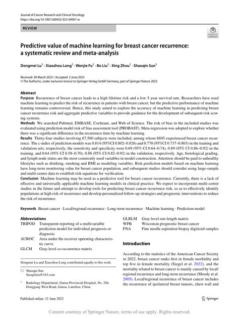 Predictive Value Of Machine Learning For Breast Cancer Recurrence A Systematic Review And Meta