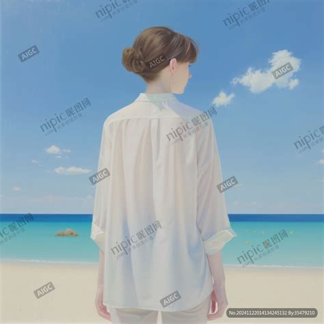 Ai创作图模特背面展示 雪纺衫详情 雪纺衬衫数码印花 夏天看海美女背影插画 宽袖对襟衫 拼接净色拼接半透明 斜扣宽摆女上衣 美女背景海边春风