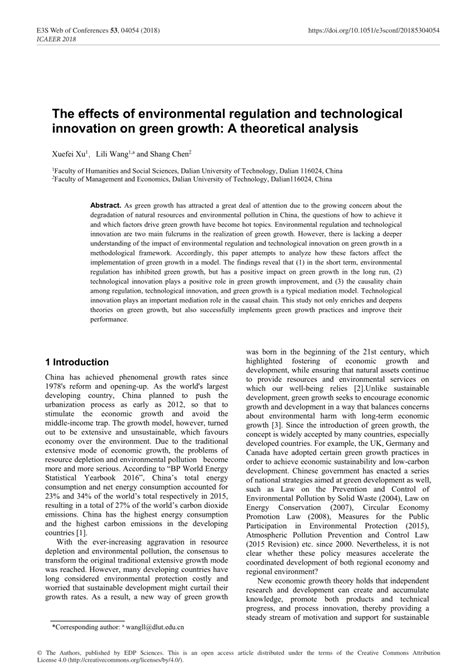 Pdf The Effects Of Environmental Regulation And Technological Innovation On Green Growth A