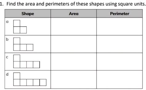 1 Find The Area And Perimeters Of These Shapes Using Square Units Shape A B C D Area Perimeter
