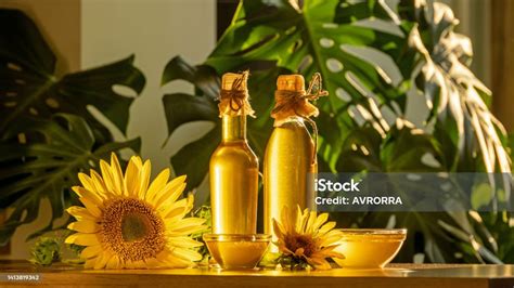 주전자에서 유리 그릇에 쏟아지는 해바라기 기름 기름 한 병과 노란 해바라기 꽃이 근처에 있습니다 황금 기름의 물방울이 그릇에 흐릅니다 태양 광선은 기름의 흐름을 통과합니다