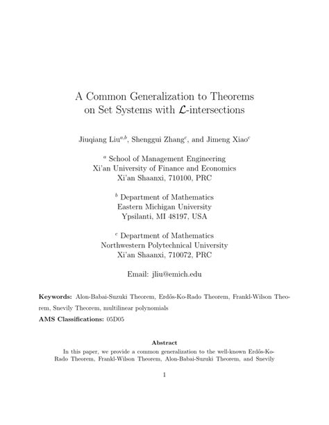 Pdf A Common Generalization To Theorems On Set Systems With Mathcal L Intersections
