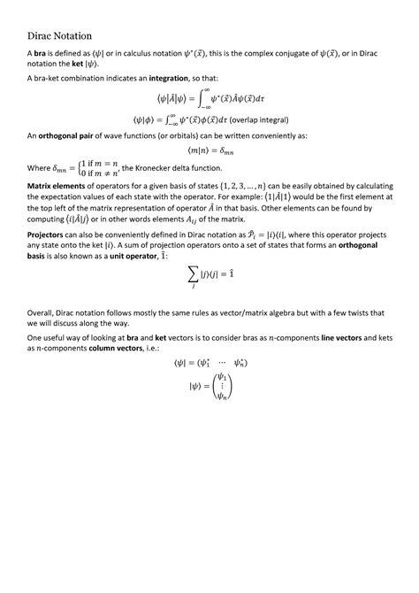 Dirac Quantum 1 Dirac Notation A Bra Is Defined As 𝜓 Or In Calculus Notation 𝜓 ∗ 𝑥⃗ This