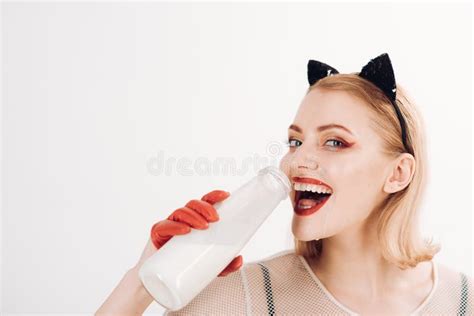 Hungry Sexual Cat In Black Catsuit Drink Milk Stock Image Image Of Erotic Model 118592257