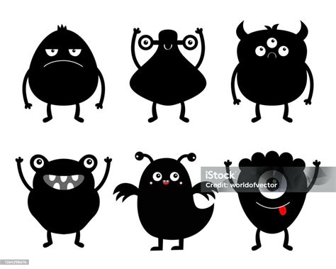 즐거운 할로윈 보내세요 몬스터 블랙 실루엣 아이콘 세트 눈 뿔 손을 들고 혀 여섯 귀여운 만화 가와이 슬픈 캐릭터 재미있는 아기 컬렉션 격리 흰색 배경입니다 플랫 디자인