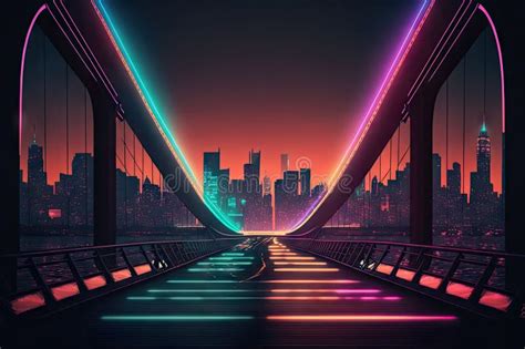 Brightly Lit Bridge With View Of The City Skyline Surrounded By Neon Lights Stock Illustration