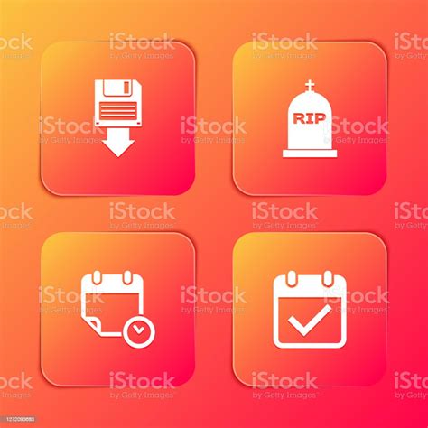 플로피 디스크 백업 Rip 가 작성된 삭제 표시 캘린더 및 시계 및 확인 표시 아이콘을 설정합니다 벡터 계획에 대한 스톡 벡터