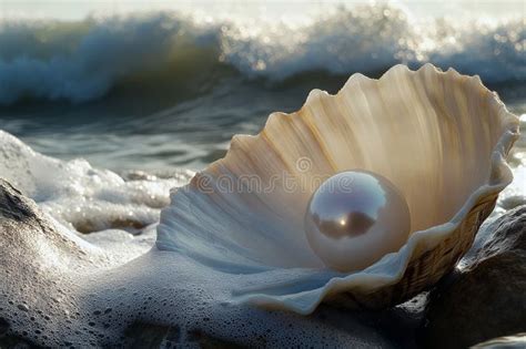 Luminous Pearl In Shell On Shoreline Rocks Ai Generated Stock Image