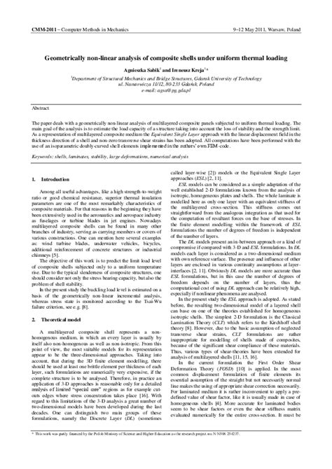 Pdf Geometrically Non Linear Analysis Of Composite Shells Under