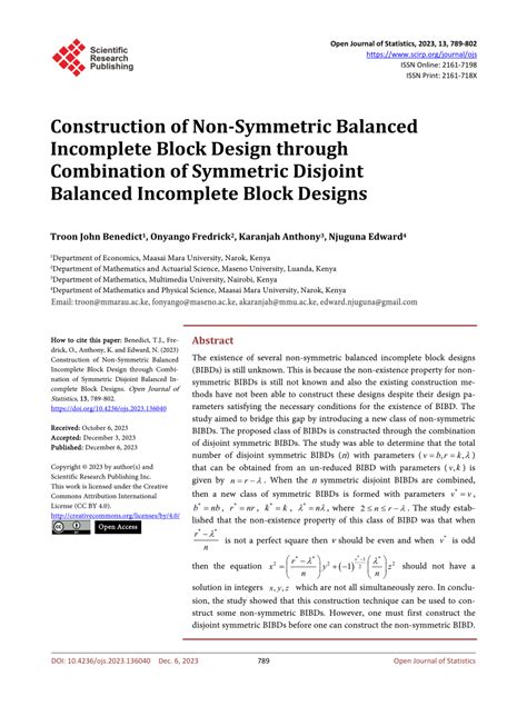 Pdf Construction Of Non Symmetric Balanced Incomplete Block Design Through Combination Of