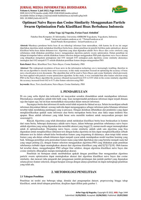 Pdf Optimasi Naive Bayes Dan Cosine Similarity Menggunakan Particle Swarm Optimization Pada