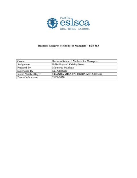 Reliability And Validity Assignment Business Research Methods For Managers BUS Course