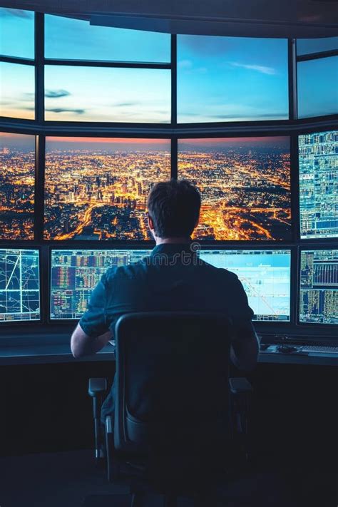 Control Center Operator Monitoring City Skyline And Data On Multiple