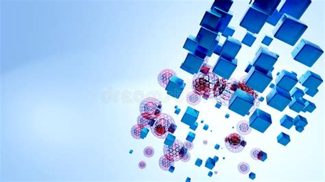 3d Red Particle Simulation Of Blue Cube Sci Fi Shape In Free Space