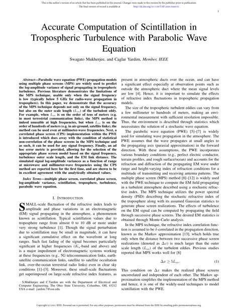 Pdf Accurate Computation Of Scintillation In Tropospheric Turbulence With Parabolic Wave Equation