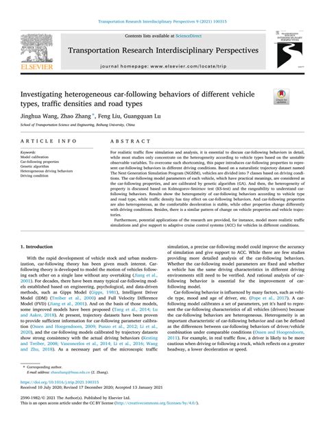 Pdf Investigating Heterogeneous Car Following Behaviors Of Different Vehicle Types Traffic