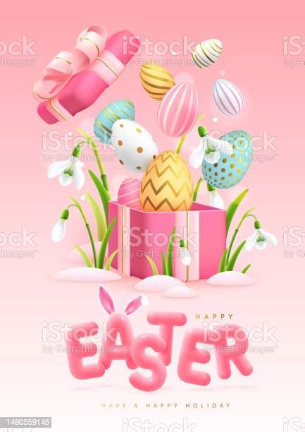 화려한 부활절 달걀 열린 선물 상자 및 3d 텍스트가 있는 행복한 부활절 타이포그래피 배경 인사말 카드 또는 포스터 벡터 그림 3월에 대한 스톡 벡터 아트 및 기타 이미지