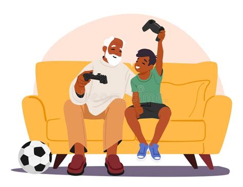 Feliz Abuelo Y Nieto Jugando Videojuegos Sentados En Una Acogedora