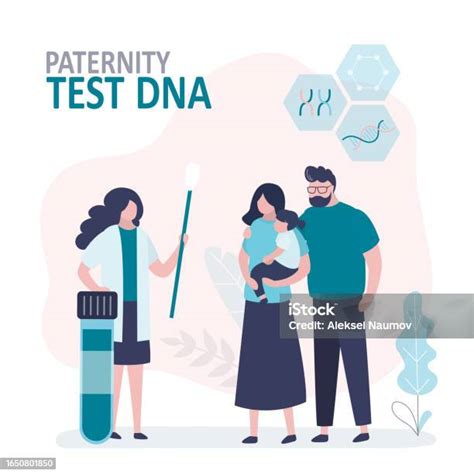 친자 확인 검사 개념 유전 실험실 Dna 연구를 하는 여성 의사 검사 결과 딸과 함께 결혼한 부부가 Dna 검사 보고서 근처에 서 있다 P 건강 진단에 대한 스톡 벡터 아트