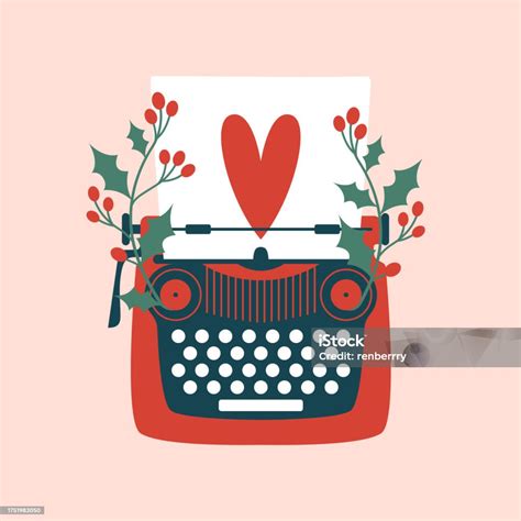 타자기로 귀여운 손으로 그린 그림 심장과 겨울 식물이 있는 종이 홀리 베리 현대적인 플랫 스타일의 수동 타자기 메리 크리스마스와 새해 카드 템플릿입니다 타자기에 대한 스톡