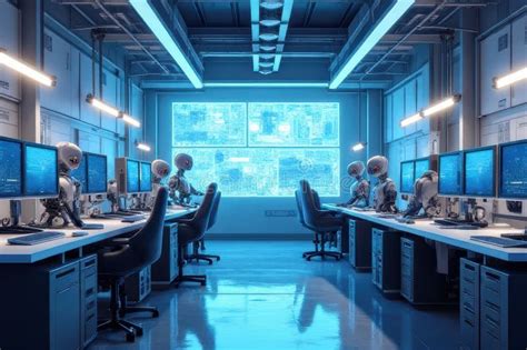 Advanced Robotics Facility Futuristic Ai Lab In Aerial Perspective Stock Illustration