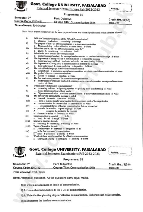 Eng 421 Communication Skills Bs Program Gcuf Past Paper 2023 2 Education Hub