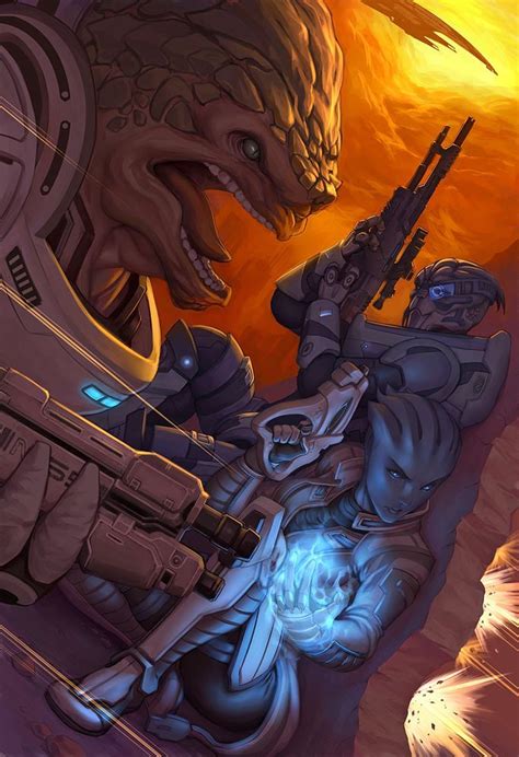 Masseffect Team Under Fire Garrus Liara And Wrex Or Grunt Mass Effect Art Mass