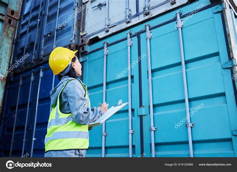 Checklist Cargo Container Management Woman Working Delivery Logistics Shipping Stock Stock Photo