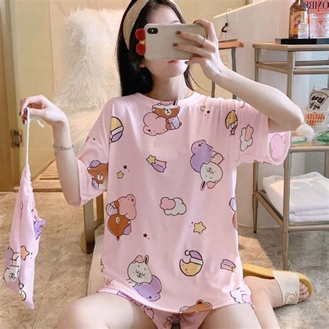 오노마 Onm 봄여름 여자잠옷 편안한 핏 토끼구름 반팔반바지 Set