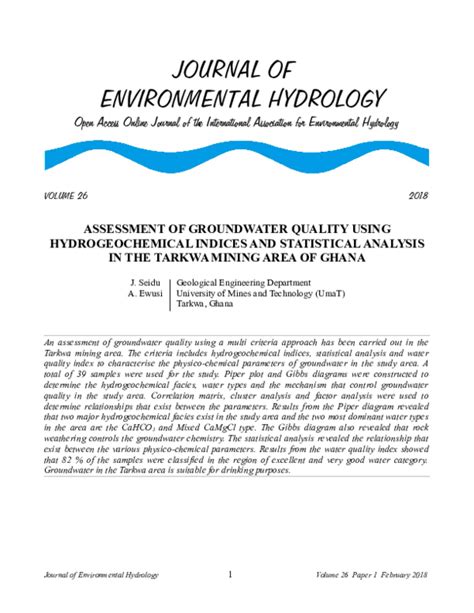 Pdf Assessment Of Groundwater Quality Using Hydrogeochemical Indices And Statistical Analysis