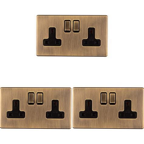 3 Pack 2 Gang Dp 13a Switched Uk Plug Socket Screwless Antique Brass Wall Power