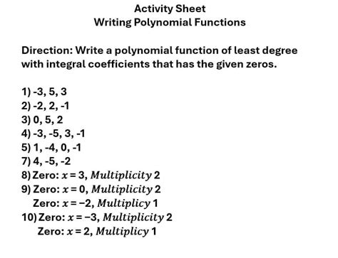 Activity Sheet Writing Polynomial Functions StudyX