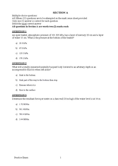 Practice Exam Fluid Mechanics SECTION A Multiple Choice Questions All Fifteen Questions