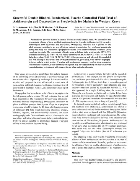 Pdf Successful Double Blinded Randomized Placebo Controlled Field Trial Of Azithromycin And