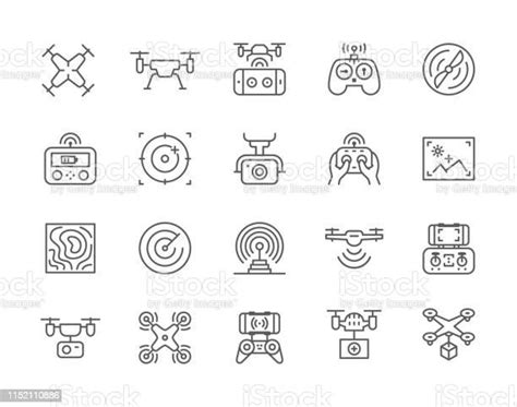 드 론 라인 아이콘의 집합입니다 원격 컨트롤러 프로 펠 러 액션 카메라 등 무인 항공기에 대한 스톡 벡터 아트 및 기타 이미지 무인 항공기 아이콘 레이더 Istock