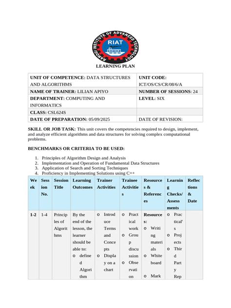 Data Structures And Algorithm Learning Plan Pdf Theoretical