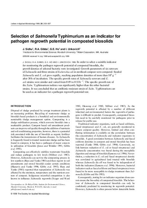 Pdf Selection Of Salmonella Typhimurium As An Indicator For Pathogen
