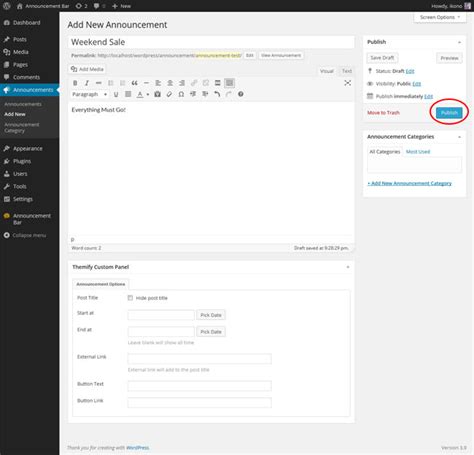 announcement bar plugin themify