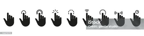 손 손가락 터치 스 와이프 클릭 누르기 및 탭 실루엣 아이콘 세트 제스처 슬라이드 왼쪽 및 오른쪽 검은 색 아이콘 서명을 두 번 클릭하고 누릅니다 고립된 벡터 그림