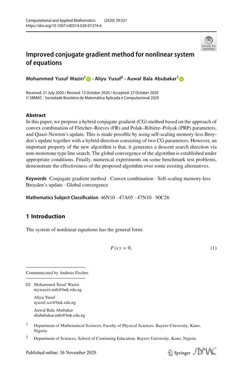 Pdf Computational And Applied Mathematics Improved Conjugate Gradient Method For Nonlinear