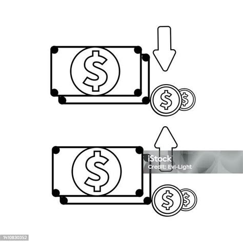 달러 지폐 및 동전과 위아래 화살표 달러 통화의 성장과 손실 가치의 증가와 감소 소득 창출 및 이익 감소 벡터 0명에 대한 스톡