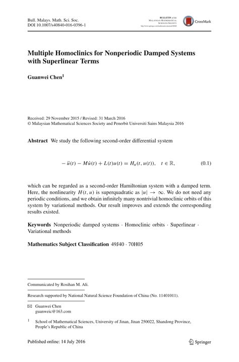 Pdf Multiple Homoclinics For Nonperiodic Damped Systems With Superlinear Terms