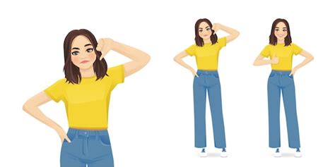 젊은 여성 몸짓으로 엄지손가락을 위로 엄지손가락을 아래로 프리미엄 벡터