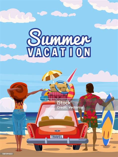 여름 방학에 커플 수하물 가방빨간 자동차 해변에서 서핑 보드 열대 성 침구 손바닥 바다 바다 다시 보기 벡터 일러스트 레트로 만화 만화에 대한 스톡 벡터 아트 및 기타