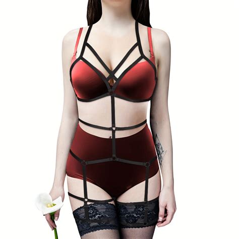 여성 고딕 바디 하네스 브래지어 유행 케이지 브래지어 컷 아웃 스타킹 가터 세트 펑크 카니발 댄스 의상 오늘의 최고의 일일 특가 Temu