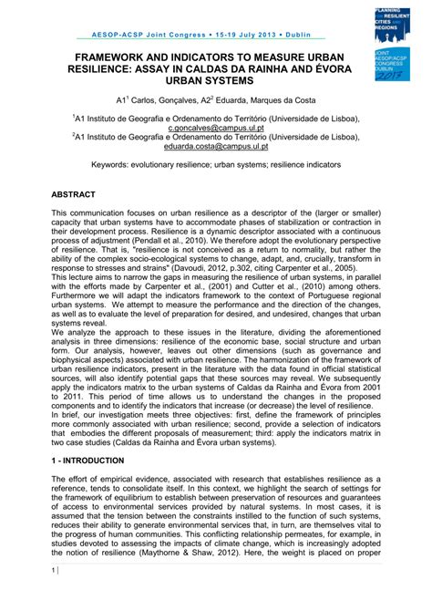 pdf framework and indicators to measure urban resilience