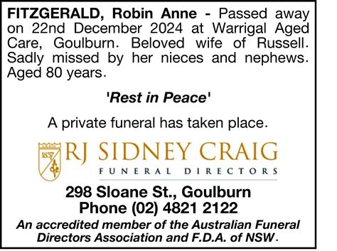 Fitzgerald Robin Anne Tributes Goulburn Post Goulburn Post Goulburn Nsw