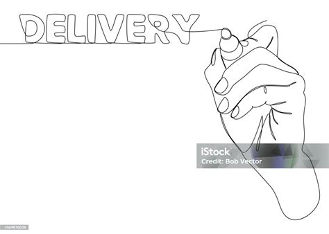 연필로 쓴 배달 텍스트의 연속 한 줄 펠트 팁 펜 얇은 선 그림 벡터 개념입니다 윤곽 그리기 창의적인 아이디어 검은색에 대한